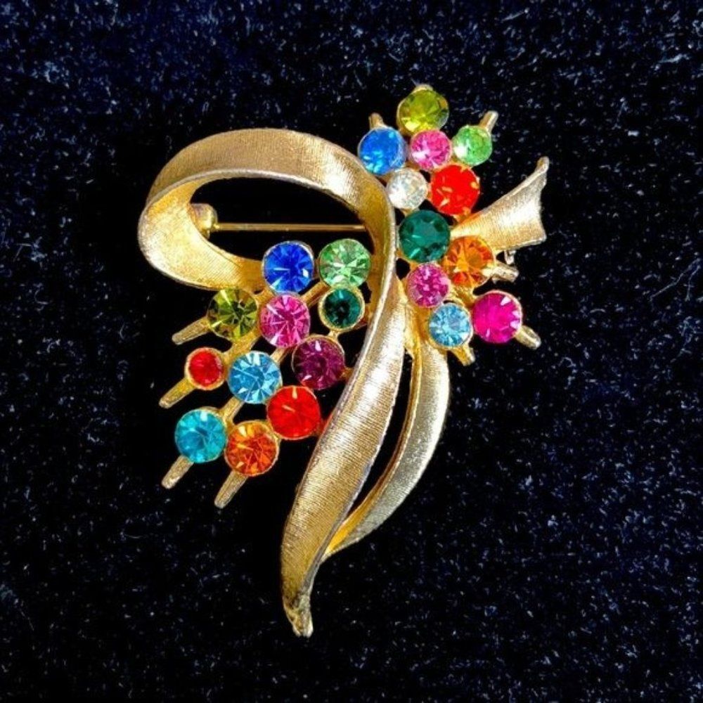 Vintage Breathtaking Rainbow Ribbon Gold Pin - Gem